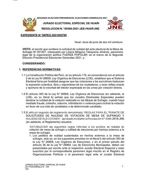 Áncash Jee Rechaza Solicitud De Nulidad De Fuerza Popular Pdf