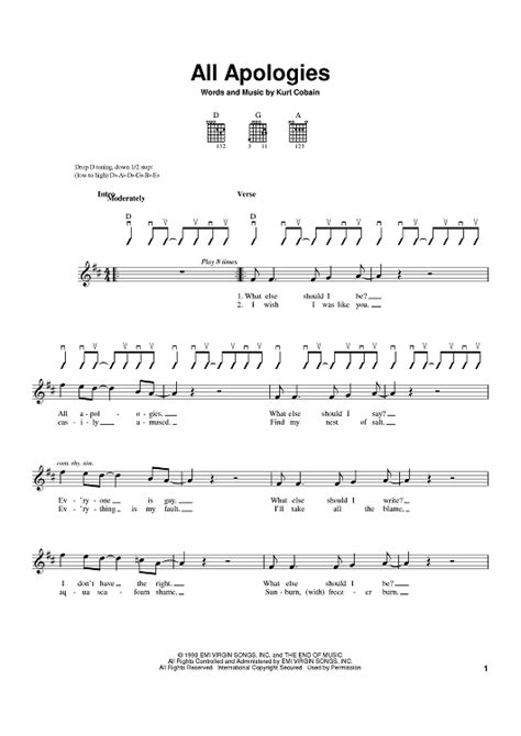 All Apologies Sheet Music By Nirvana For Lead Sheet With Guitar Grids