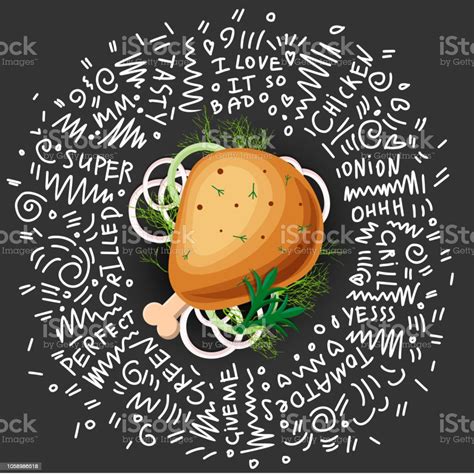 닭 구이 다리 벡터 아이콘 채소와 양파와 검은 배경에 고립 맛 있는 육즙이 닭 구이 다리 아이콘입니다 최고의 볼 수 있습니다 만화 주위 낙서 장식으로 구운된 매운 닭 다리