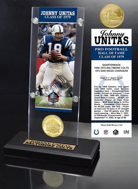 Johnny Unitas 1979 Nfl Hall Of Fame Ticket And Bronze Coin Acrylic Deskt