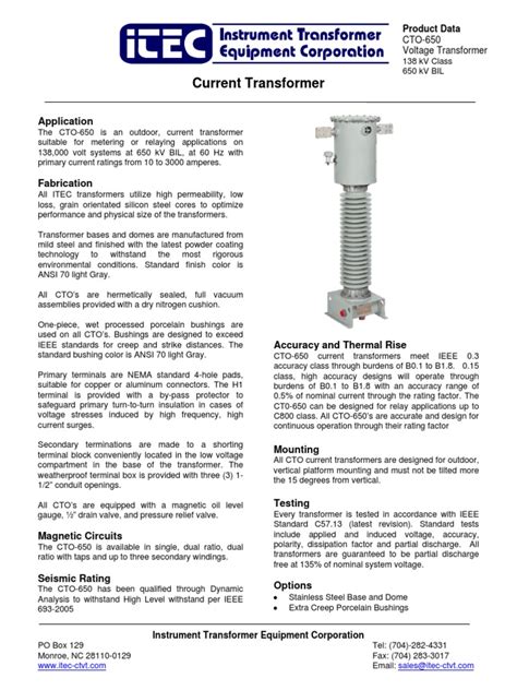 Cto 650 138 Current Transformer Pdf Transformer Electromagnetism