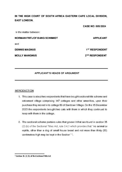 Heads Of Argument For High Court In The High Court Of South Africa Eastern Cape Local Division