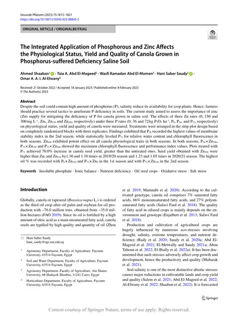 Pdf The Integrated Application Of Phosphorous And Zinc Affects The