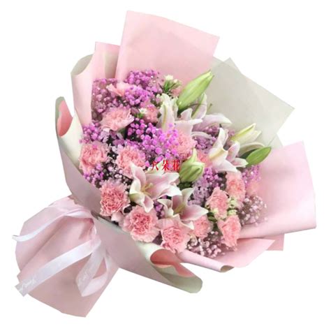 19朵粉色康乃馨百合，温馨和幸福 六朵花