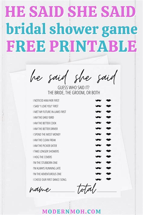 He Said She Said Bridal Shower Game Free Printable Bridal Shower