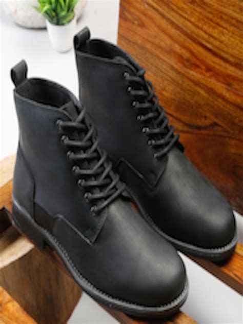 Buy Teakwood Leathers Men Black Solid Mid Top Lace Up Boots Casual