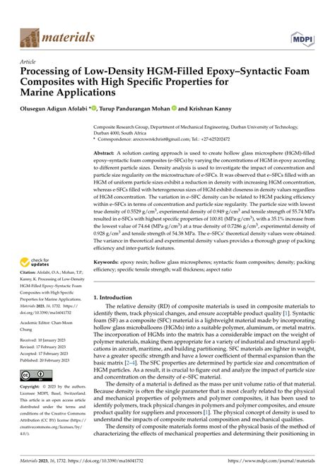 Pdf Processing Of Low Density Hgm Filled Epoxy Syntactic Foam
