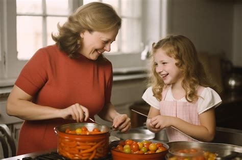 Mamá E Hija Cocinando Un Plato De Verduras Juntos En La Cocina Imagen