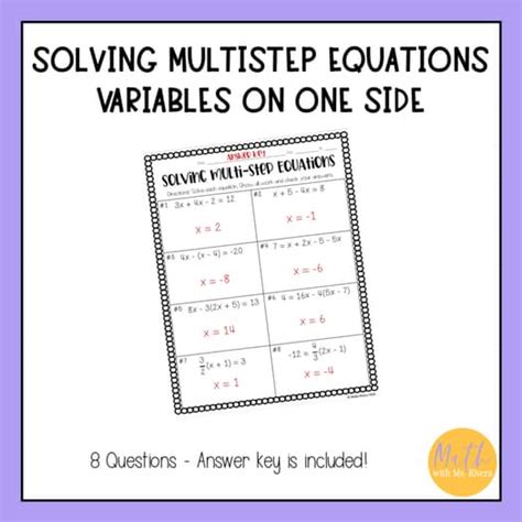 Solving Multi Step Equations Variables On One Side Worksheet Pre
