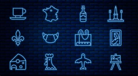 세트 라인 이젤 또는 페인팅 아트 보드 초상화 박물관 와인 병 크로와상 플뢰르 드 리스 커피 컵 프랑스 바게트 빵 및지도 프랑스 아이콘 벡터 공란에 대한 스톡 벡터 아트 및