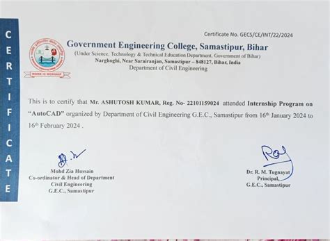 Certificate Of Autocad Ashutosh Kumar
