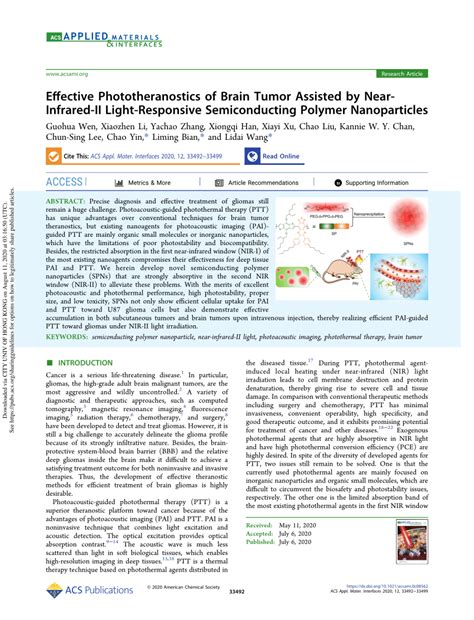 Pdf Effective Phototheranostics Of Brain Tumor Assisted By Near Infrared Ii Light Responsive