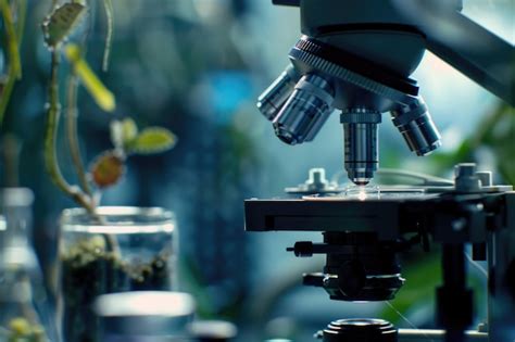 Premium Photo Closeup Of A Microscope With A Plant In The Background