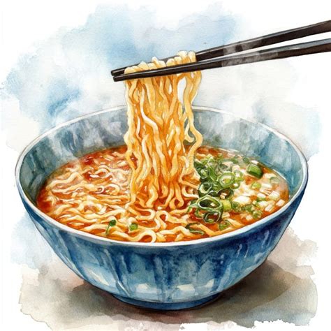 Watercolor Illustration Of A Bowl Of Steaming Ramen With Chopsticks