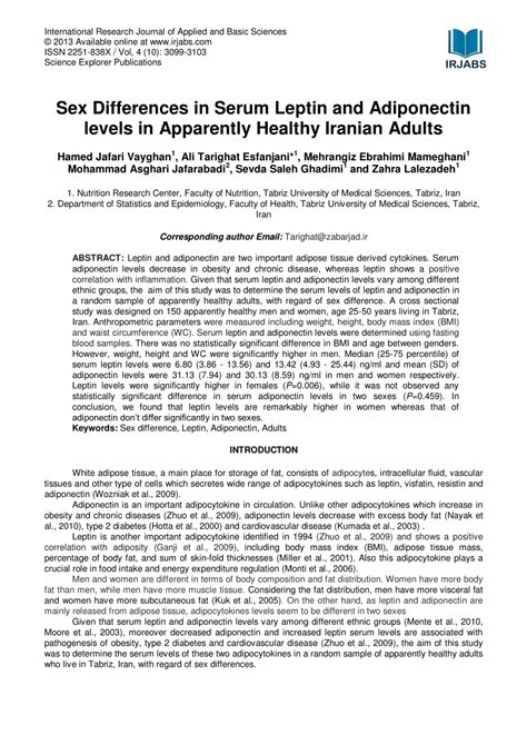 Pdf Sex Differences In Serum Leptin And Adiponectin Levels In