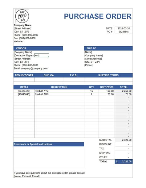 Purchase Order Template Editable Ms Excel Template Etsy