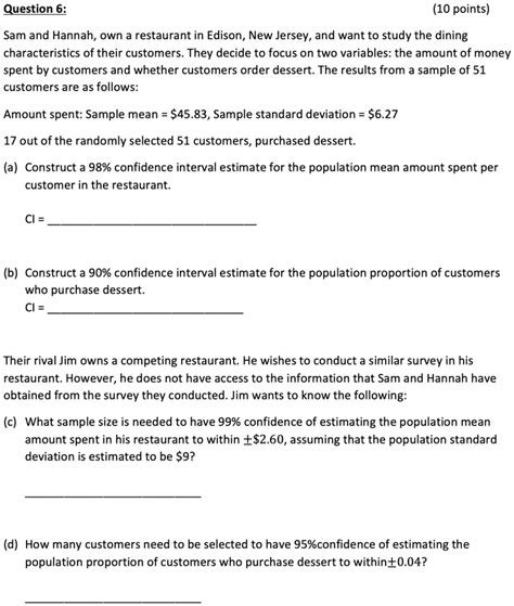 Solved Question 6 10 Points Sam And Hannah Own Restaurant In