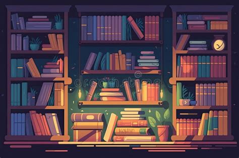 Shelves And Cabinets With Lots Of Books Cartoon Illustration