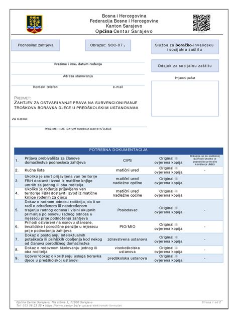 Obrazac Soc 07 Subvencioniranje Troskova Boravka Djece U Predskolskim