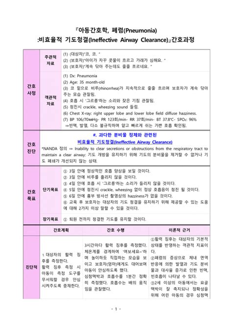 아동간호학 폐렴 Pneumonia 비효율적기도청결ineffective Airway Clearance 간호진단 A 의약학