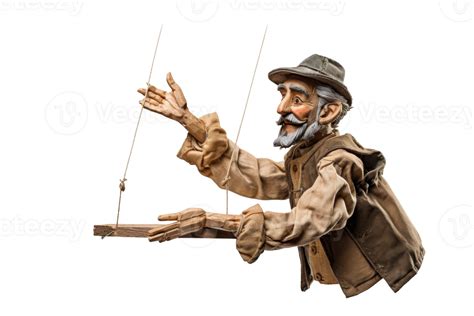 A Man In A Hat Is Holding A String And Is About To Pull A Puppet The