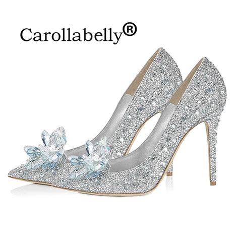 2018 Rhinestone Cinderella Shoes Women Pumps Pointed Toe Woman Crystal