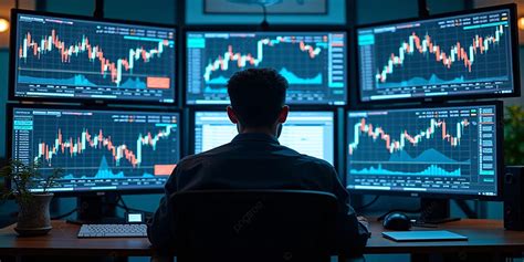 상인은 희미한 조명 거래실에 주식 차트 및 그래프를 표시하는 여러 화면의 재무 데이터를 분석합니다 상인 재무 데이터 여러 화면 배경 일러스트 및 사진 무료 다운로드