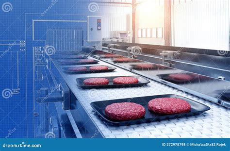 Línea De Producción De Carne De Hamburguesa Con Un Modelo Superpuesto