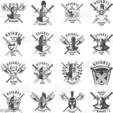 기사 칼 및 방패 엠 블 럼의 집합입니다 레이블 상징 기호 포스터 T셔츠를 위한 디자인 요소입니다 기사 사람의 역할에 대한 스톡 벡터 아트 및 기타 이미지 Istock