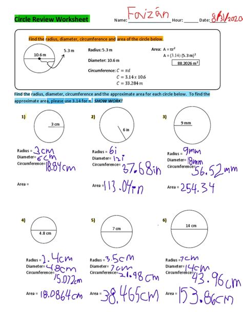 Circle Review Worksheet Area A πr Radius 53 M Diameter 106