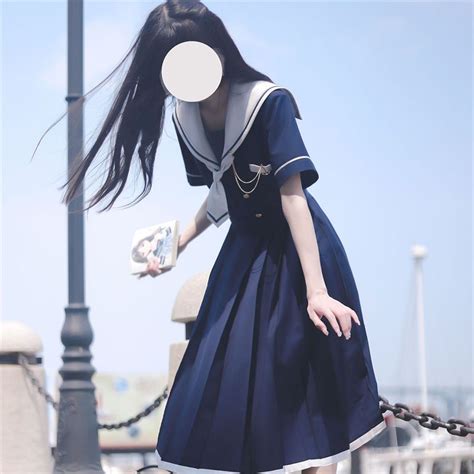 夏季新款日系jk水手服气质收腰显瘦连衣裙女学生中长款百褶a字裙虎窝淘