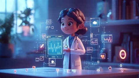 Healthcare Innovation Animated Young Doctor Analyzing Patient Data In A Modern Clinic Stock