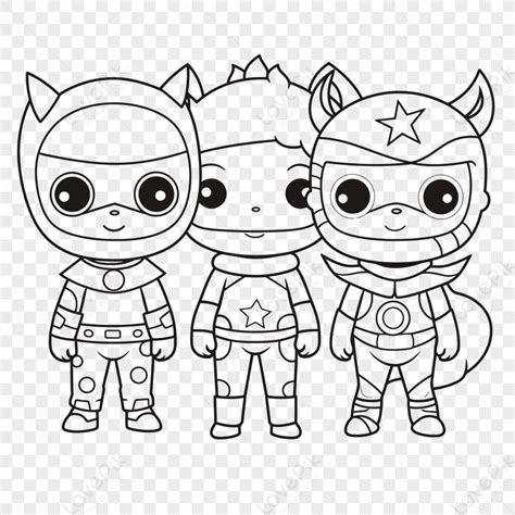 의상을 입고 있는 세 명의 슈퍼히어로 페이지 색칠하기 개요 스케치 드로잉 벡터하얀색라인 아트 Png 일러스트 무료 다운로드