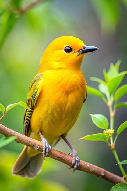 Cute Yellow Bird On A Tree Branch Premium Ai Generated Image