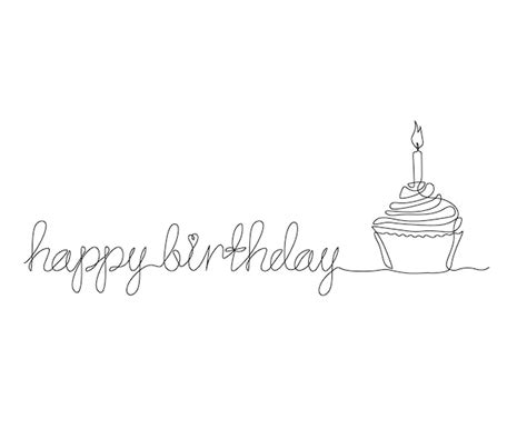 촛불이 있는 생일 축하 비문과 컵케이크 연속 한 선 그리기 프리미엄 벡터