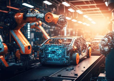 Car Factory Assembly Line With Automatic Robotic Arms Working Generative Ai Stock Illustration