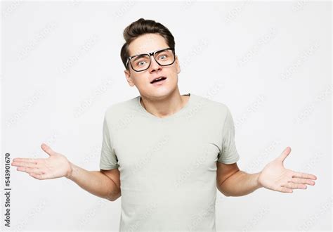 Shocked Amazed Surprised Man Wear Eyeglasses Standing Keeping Mouth