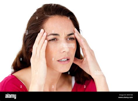 Sick Hispanic Woman Having A Headache Against A White Background Stock
