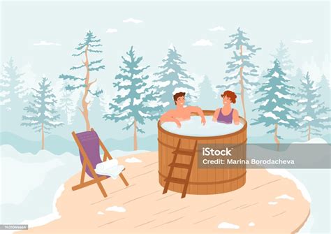 겨울 숲의 온수 욕조에있는 커플 테라스의 배럴 수건이있는 라운지 의자 고급 리조트 자연 컨셉의 스파 욕조에 대한 스톡 벡터 아트 및 기타 이미지 Istock