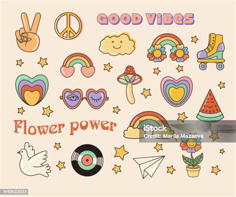 재미있는 만화 평화 사랑 꽃 무지개 심장 데이지 버섯 비둘기 등 격리된 벡터 그림입니다 트렌디한 복고풍 사이키델릭 만화 스타일의 스티커 팩 그루비 히피 70년대 세트 히피에