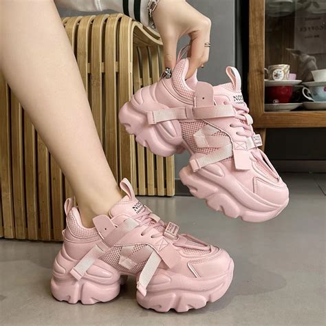 Rimocy 여성용 통기성 캐주얼 운동화 핑크 두툼한 플랫폼 스니커즈 두꺼운 바닥 블랙 화이트 2023 Aliexpress