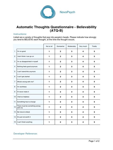 Automaic Thoughts Questionnaire Believability Atq B Pdf Psychology Psychological Concepts
