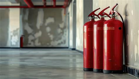 Fire Safety Equipment Three Red Extinguishers In Hall Premium Ai