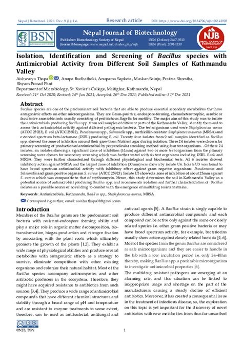 Pdf Isolation Identification And Screening Of Bacillus Species With Antimicrobial Activity