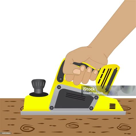 목공 중 전문 목공 장비 목수의 손에 있는 전기 대패 기계는 나무 판자를 대패질합니다 Diy에 대한 스톡 벡터 아트 및 기타