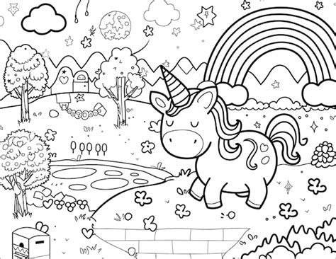 카와이 터 유니콘 어린이용 컬러링 페이지 프리미엄 벡터