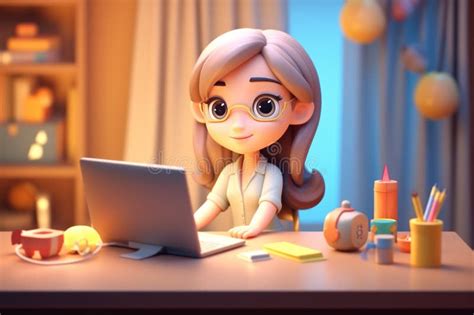 A Business Girl Working With Laptop On Desk 3d Tiny Cute Isometric