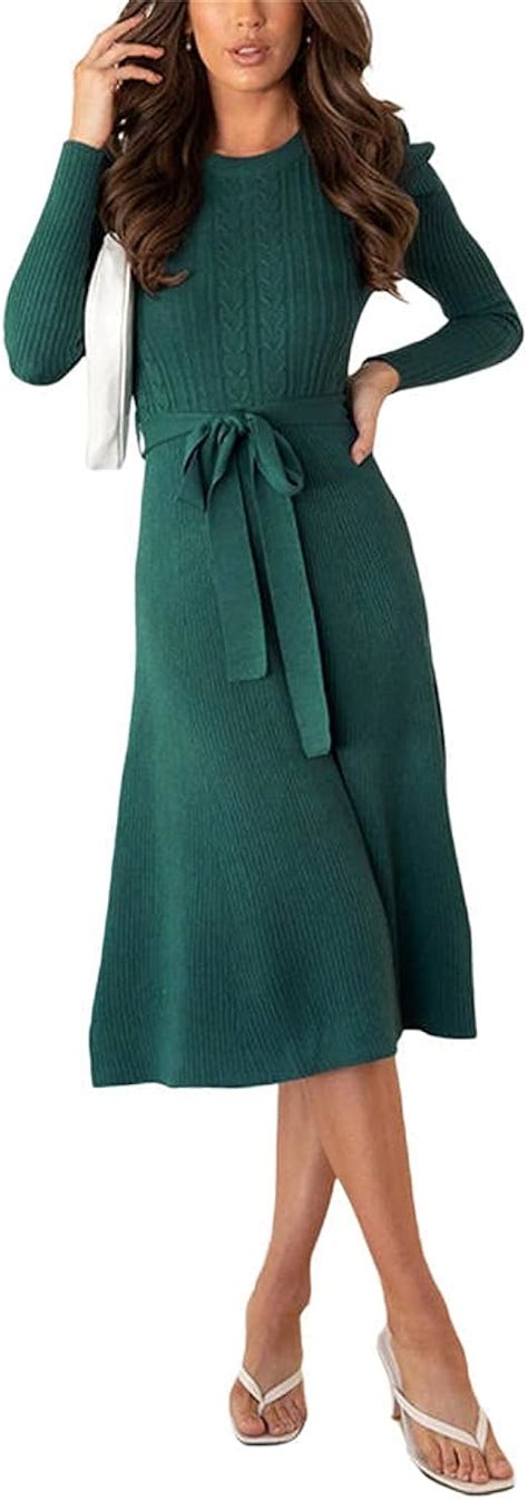 Vestido de punto para mujer cuello redondo manga larga vestido midi de color sólido con lazo