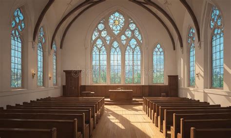Serene Church Interior Features High Arched Ceiling, Stained Glass ...