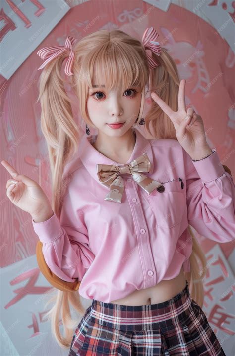 A Young Woman With Blonde Pigtails Wearing A Pink Buttonup Shirt And